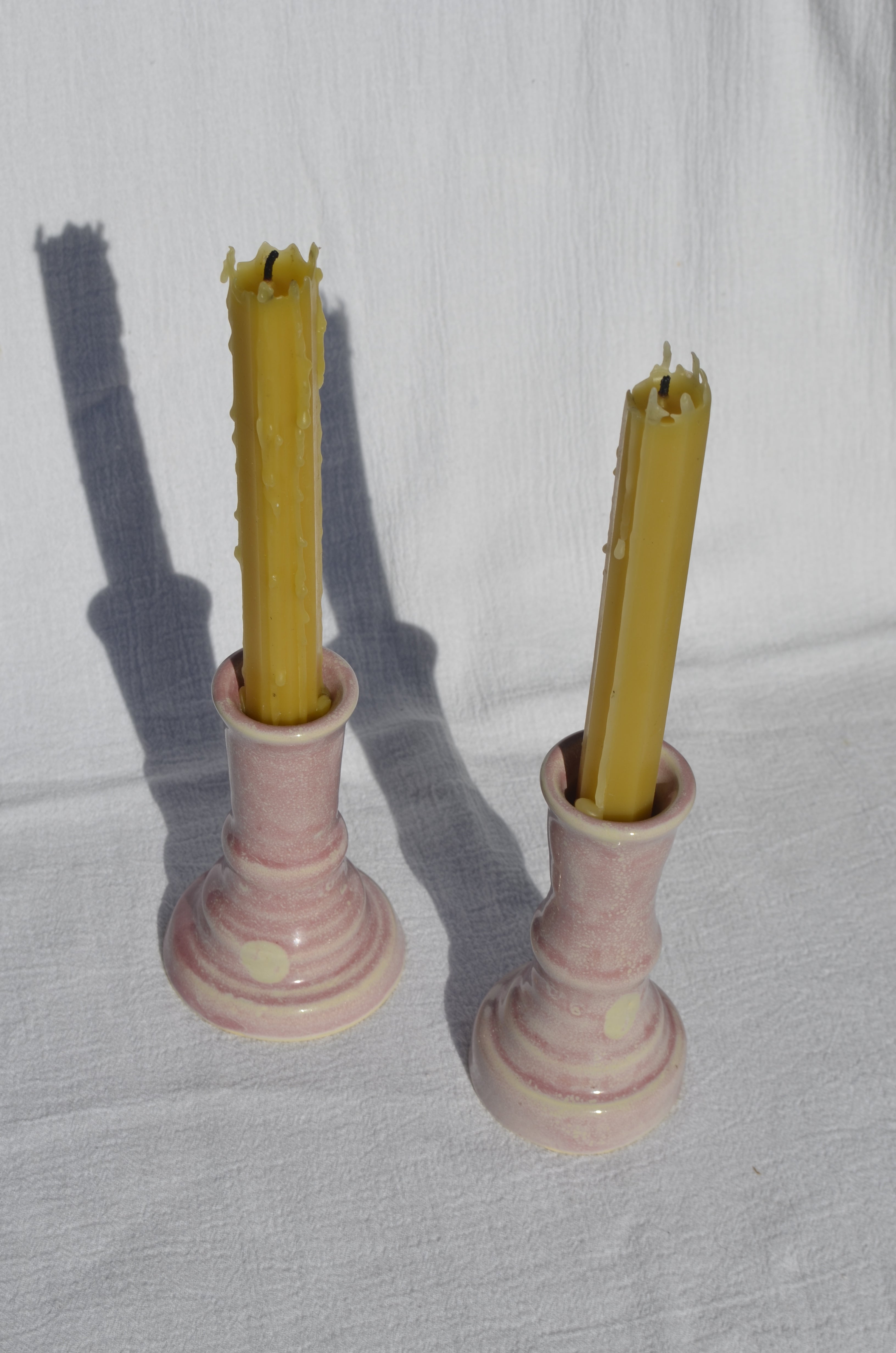 Pink Speckled Candlestick Pair – Alissa Rothman Ceramics